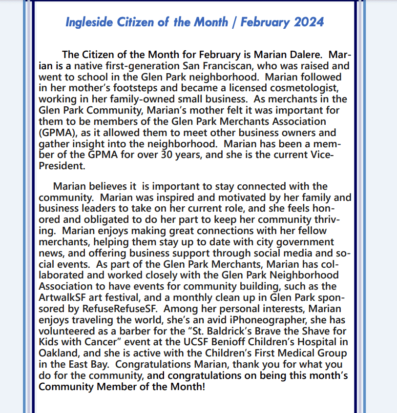 Glen Park Merchants Assn. VP named Ingleside Station’s Citizen of the Month